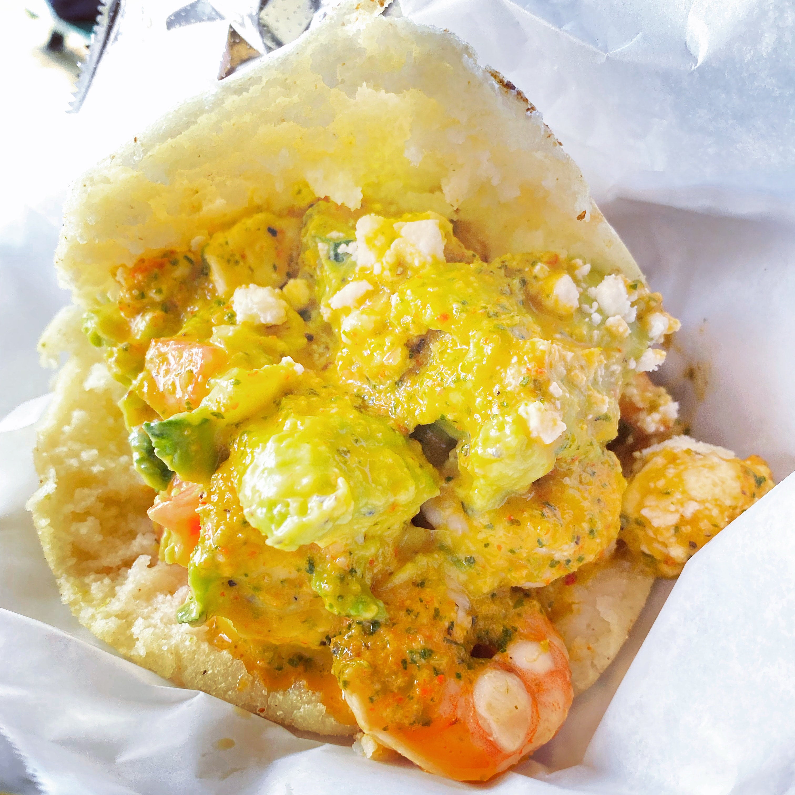 Sauteed shrimp and avocado arepa | Ally’s Cocina